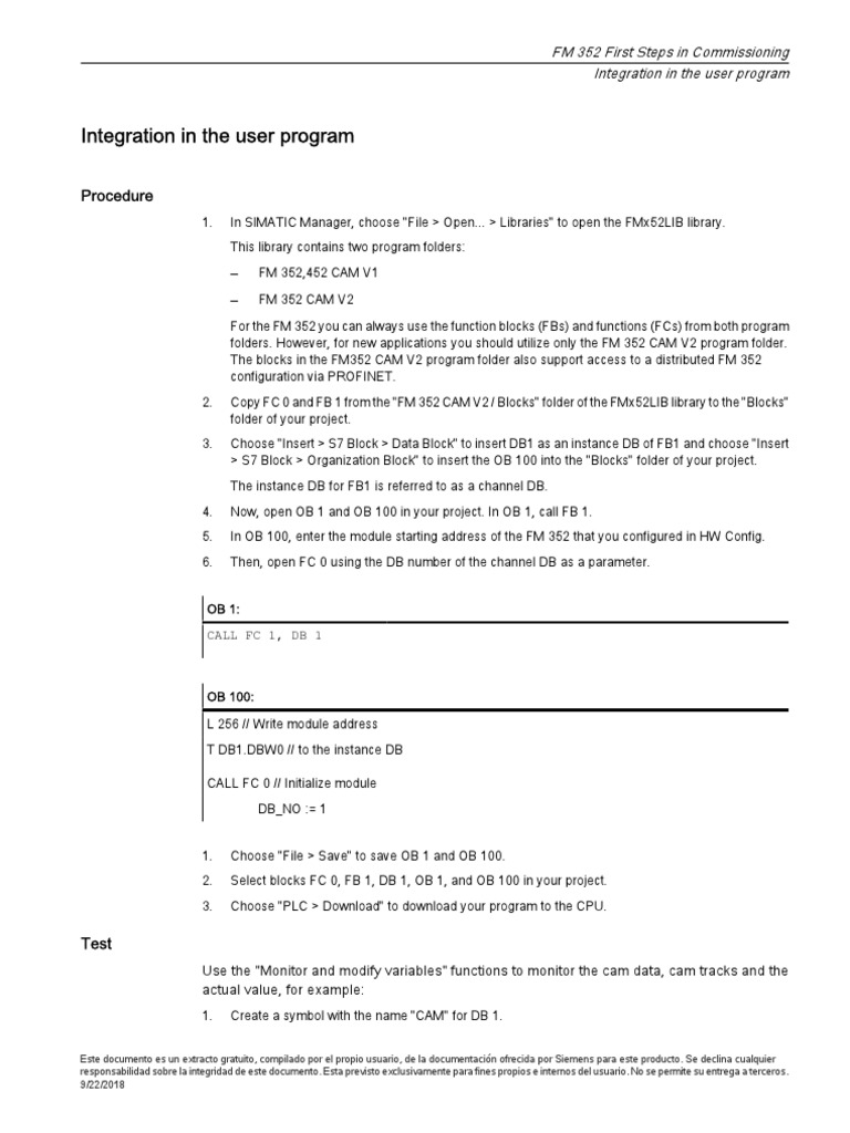 FM 352 First Steps in Commissioning - Integration in The User Program PDF | PDF | Digital ...