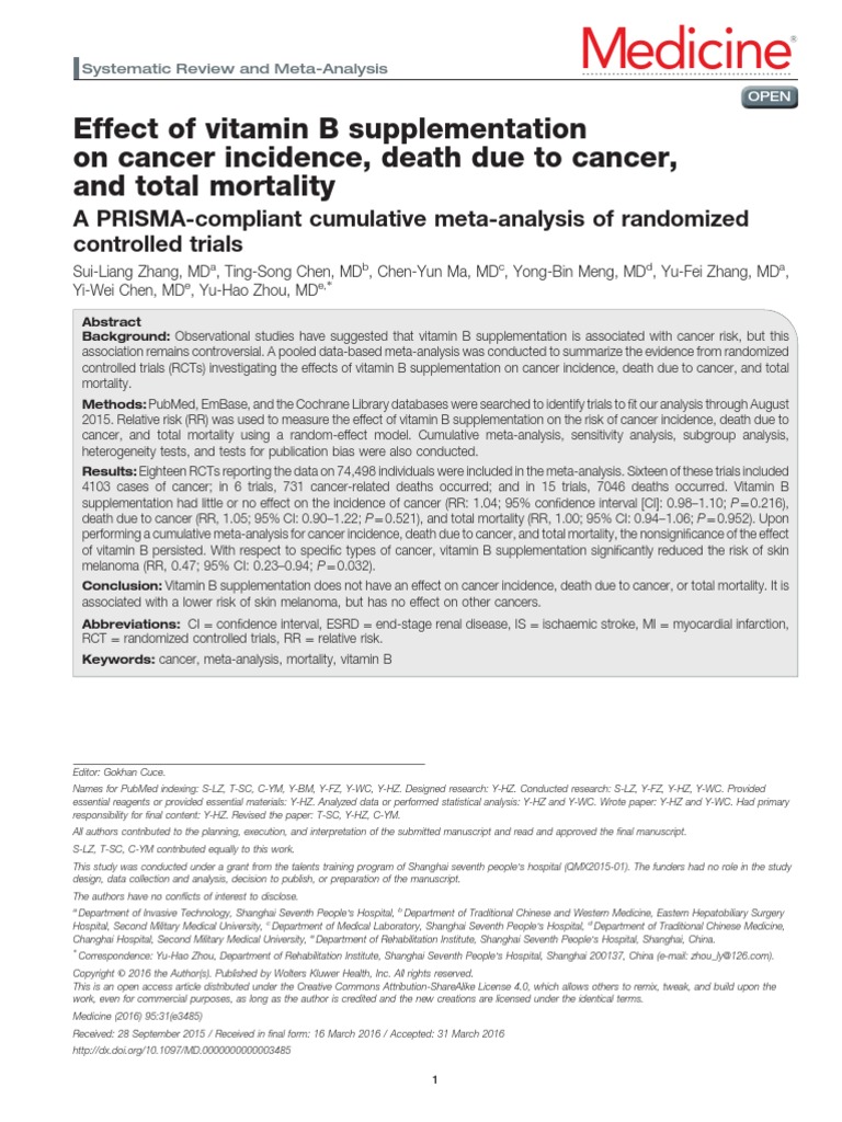 Medicine: Effect of Vitamin B Supplementation On Cancer Incidence ...