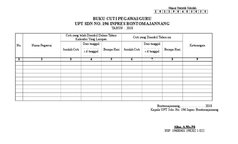 Format Buku Cuti Pegawai Dan Guru | PDF