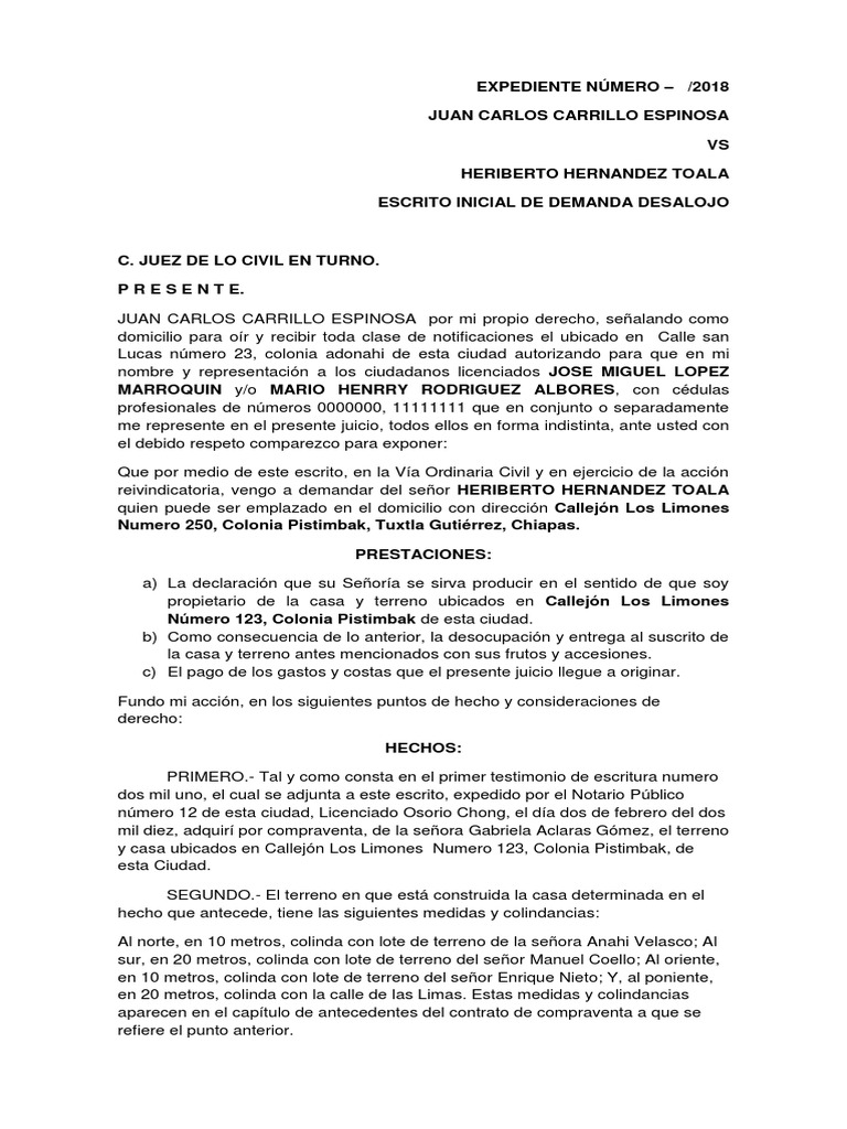 Formato de demanda Chiapas, Mexico CIVIL restaucacion de bien | Demanda ...