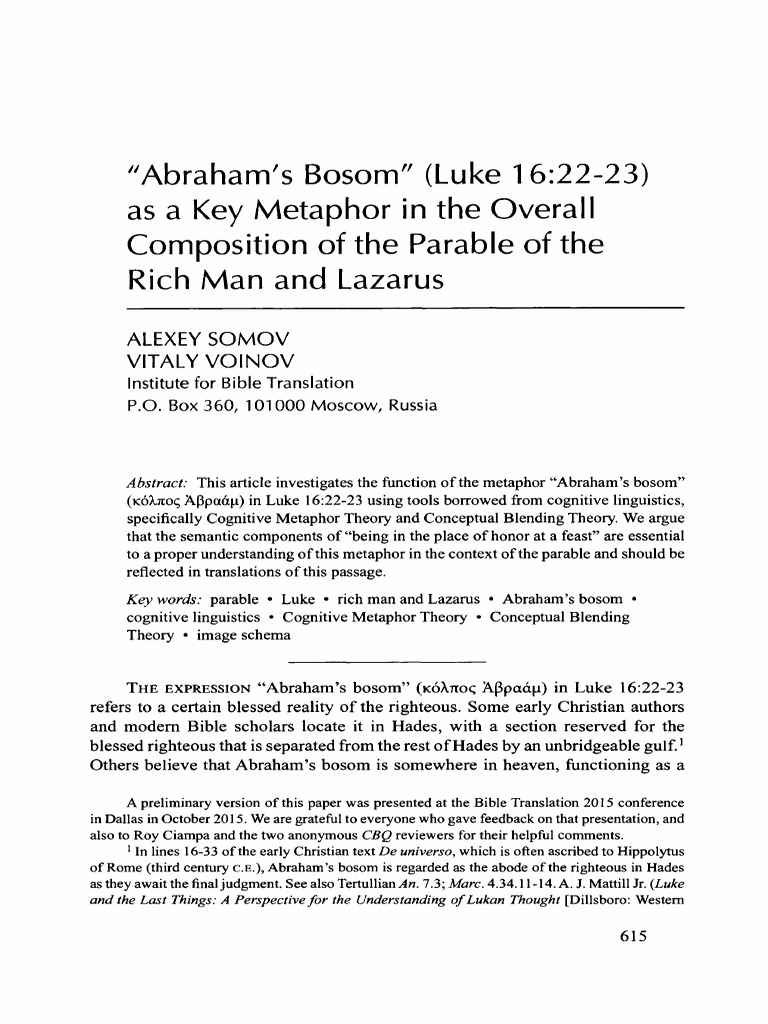 Abraham's Bosom (Luke 16:22-23) As A Key Metaphor in The Overall ...