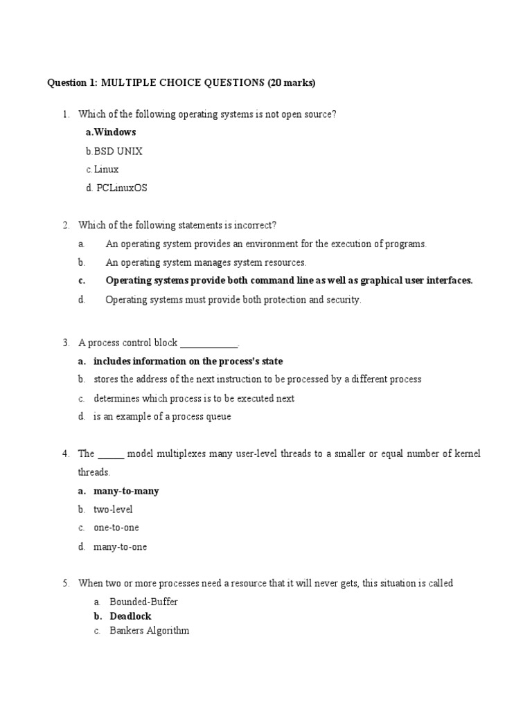 Question 1: MULTIPLE CHOICE QUESTIONS (20 Marks) | PDF | Operating System | Process (Computing)