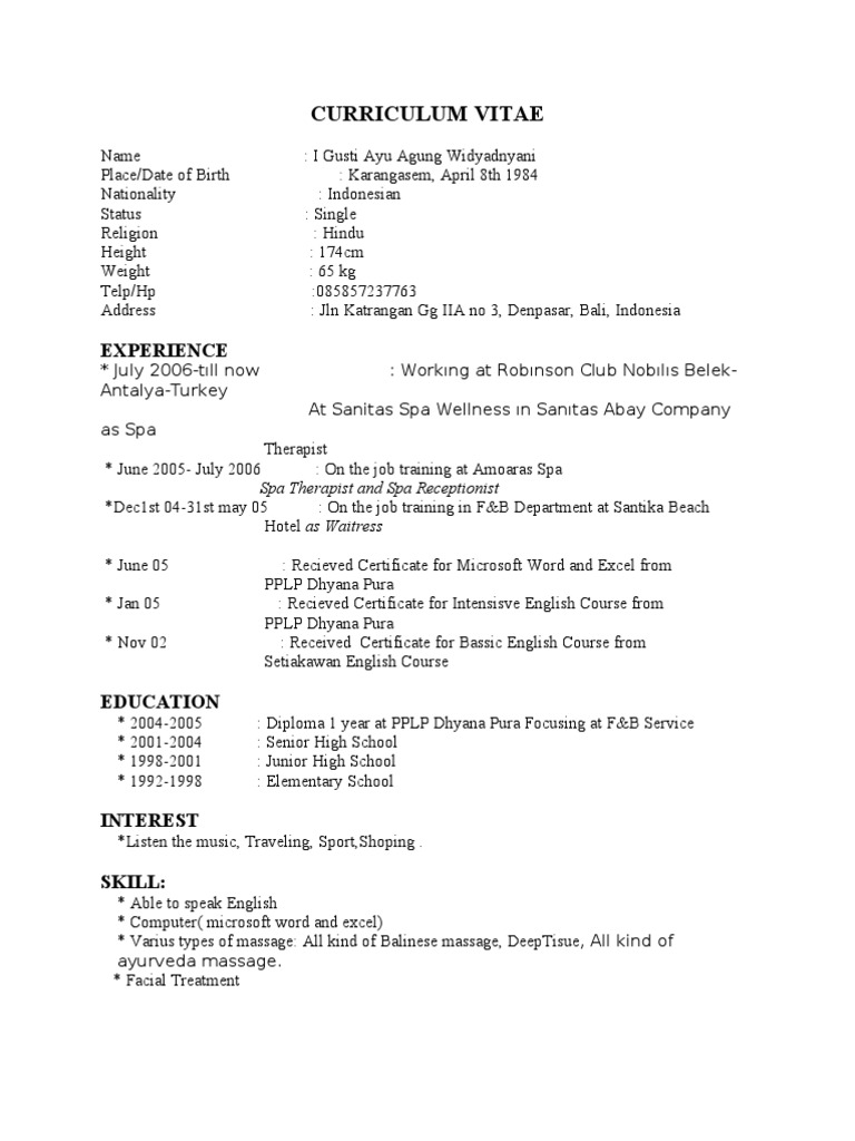 Spa Therapist CV - I Gusti Ayu Agung | PDF | Wellness