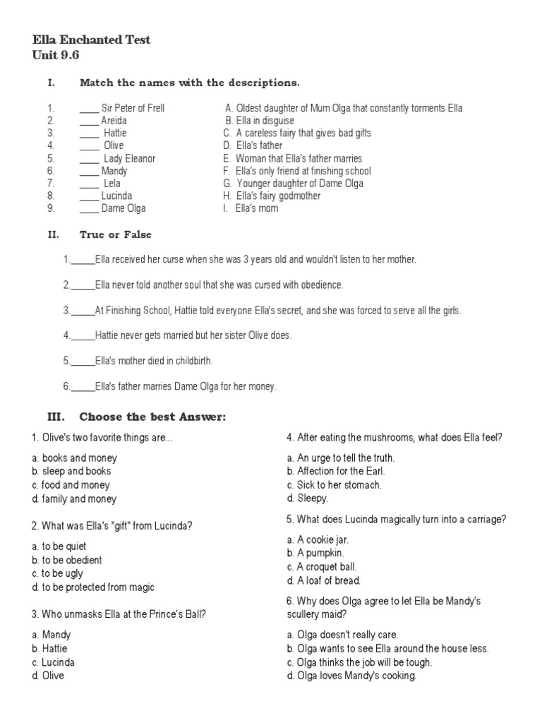 I. Match The Names With The Descriptions.: Ella Enchanted Test Unit 9.6 ...