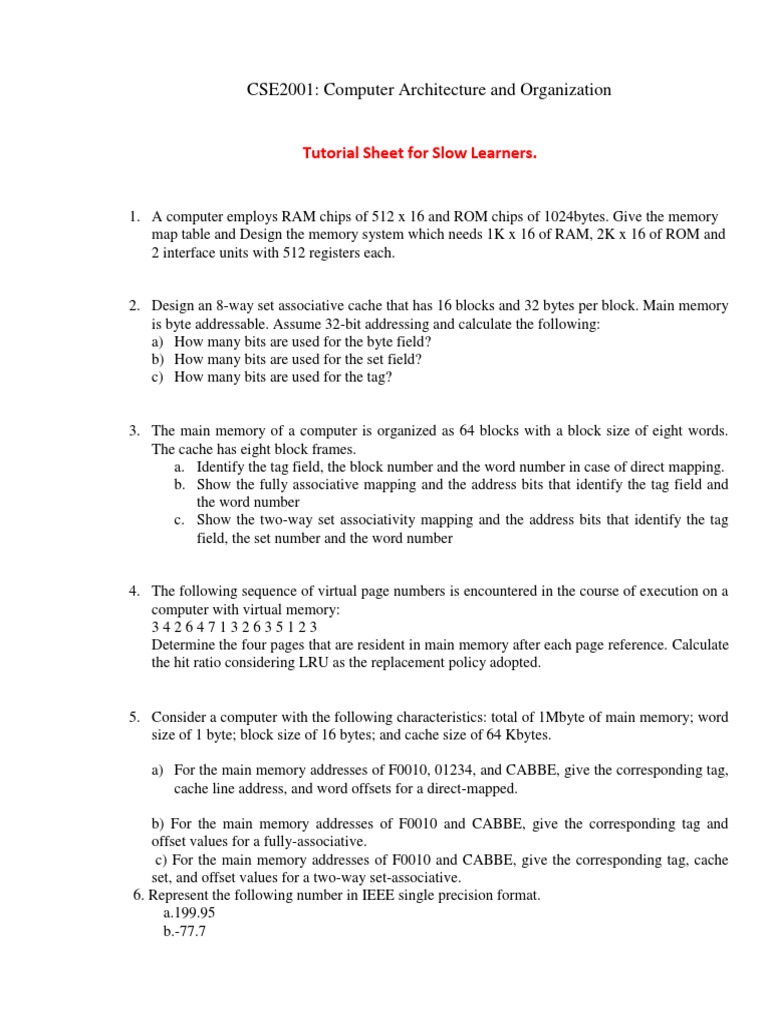 Tutorial Sheet For Slow Learners.: CSE2001: Computer Architecture and Organization | PDF