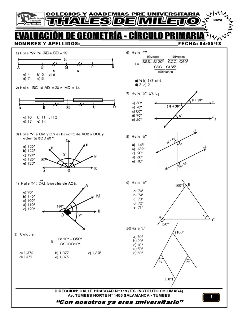 Examen de Geometría - Circulo Primaria PDF | PDF | Geometría Elemental ...