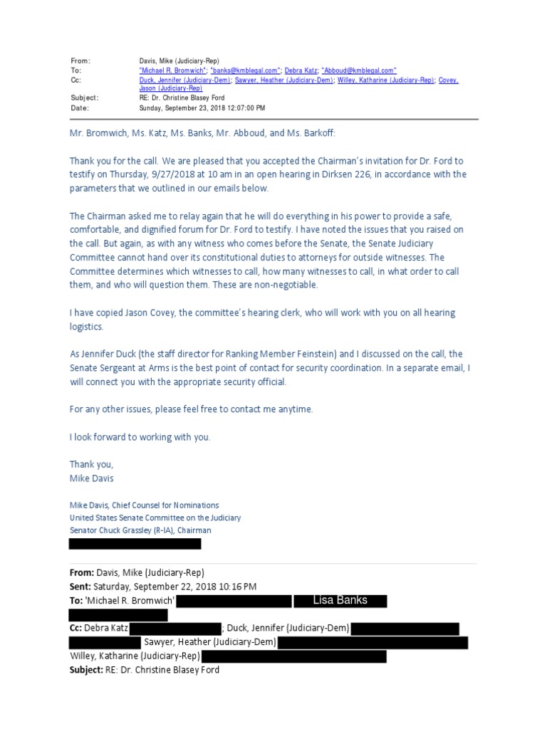 Hearing Invitation Acceptance by Dr. Ford - Redacted | PDF | Witness ...
