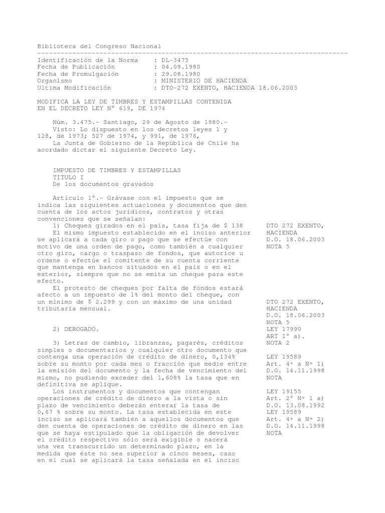 DL 3475 Impuesto Timbres y Estampillas | PDF | Bancos | Impuestos