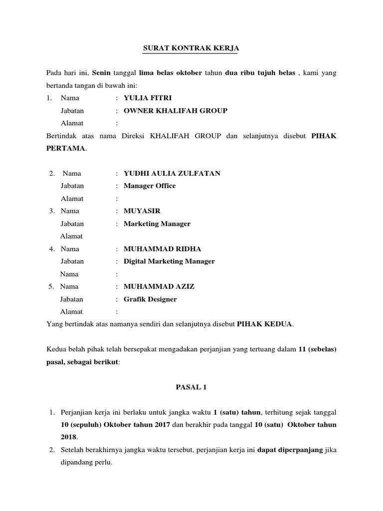 Contoh Surat Kontrak Kerja Karyawan | PDF