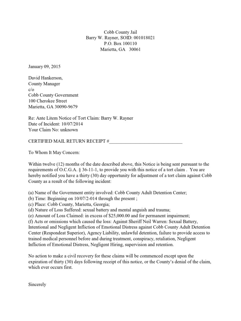 Rayner Notice Ante Litem 01 05 2015 | PDF