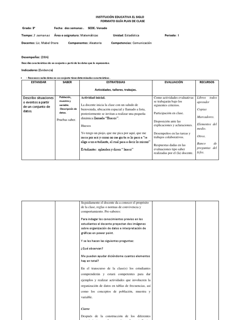 Plan De Aula Matemáticas Estadistica Datos 3 Pdf Infinito