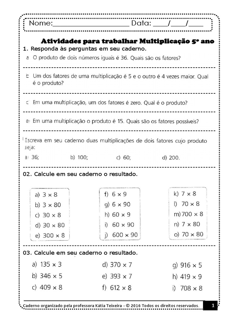 Atividades Para Trabalhar Multiplicação 5º Ano Download Grátis Pdf