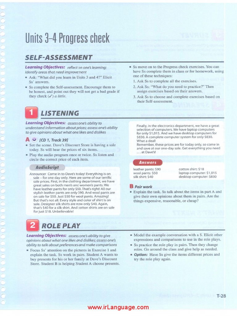 Interchange 4th Level 1 - Solucionario Unidad 3 y 4 Progress Check | PDF
