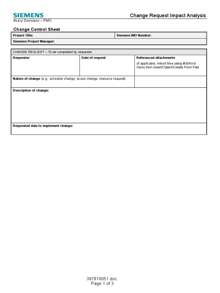 Change Control Sheet: Change Request Impact Analysis | Information ...
