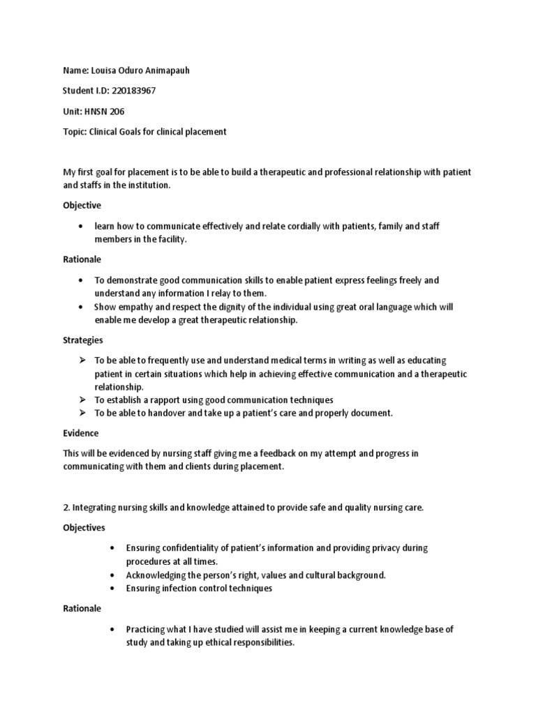 Clinical Goals For Placement Louisa Oduro Animapauh Hsns 206 220183967 ...