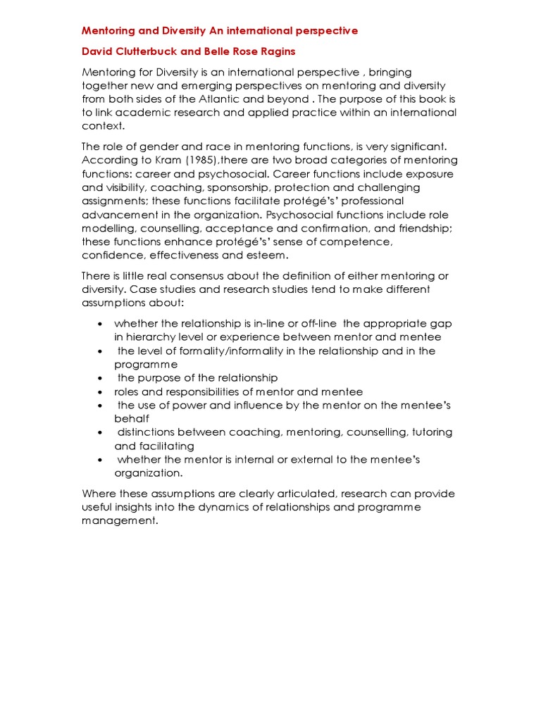 Mentoring and Diversity An International Perspective David Clutterbuck ...
