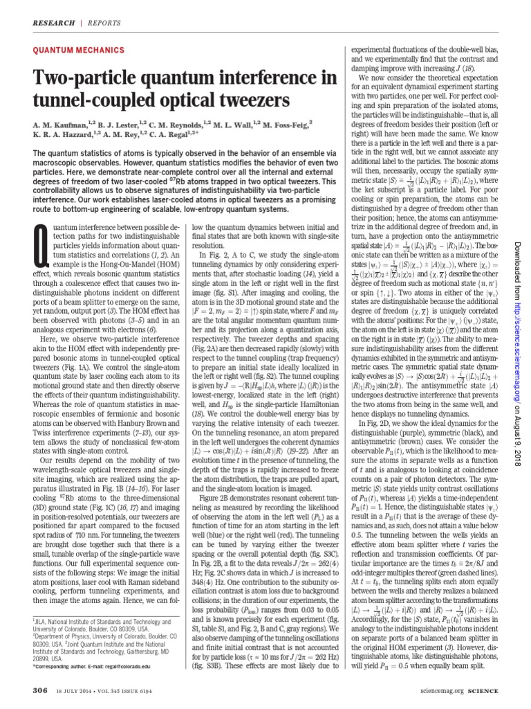 Two-Particle Quantum Interference | PDF | Spin (Physics) | Atoms