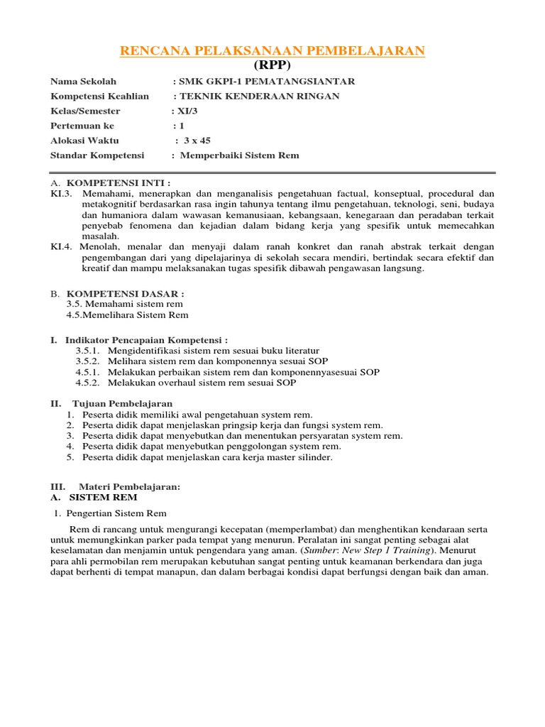 RPP Sistem Rem Kls Xi TKR | PDF