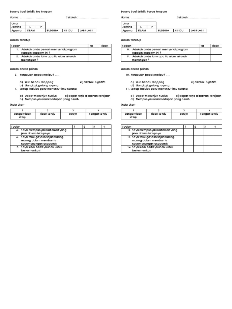 Borang Soal Selidik Pra Program | PDF