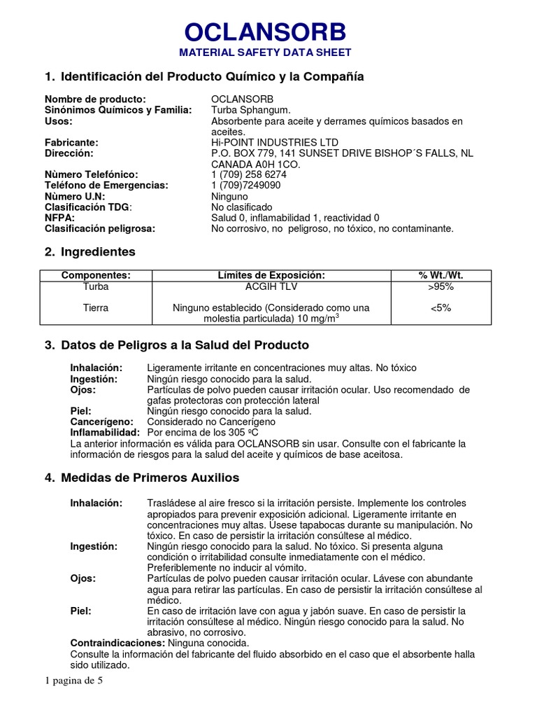 MSDS Oclansorb | PDF | Agua | Residuos
