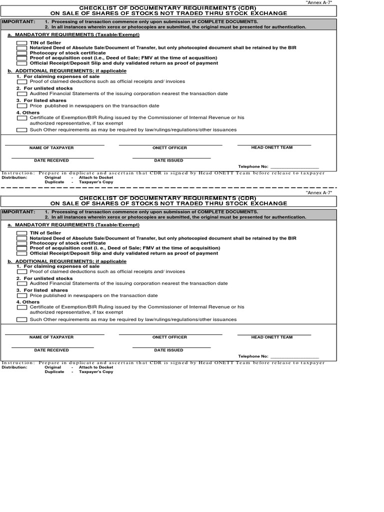 List of Requirements BIR - Transfer of Shares of Stock | PDF | Receipt ...