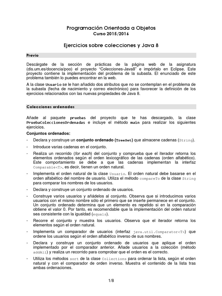 Programación Orientada A Objetos Curso 2015 - 2016. Ejercicios Sobre Colecciones y Java 8 | PDF ...