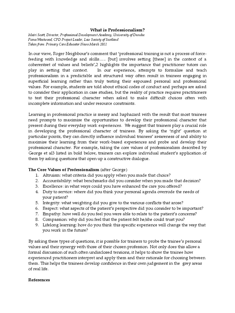 Core Values of Professionalism Explained | PDF | Value (Ethics) | Learning