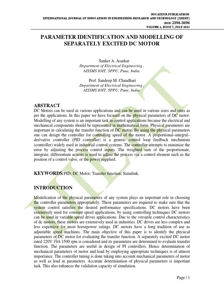 Parameter Identification and Modelling of Separately Excited DC Motor ...