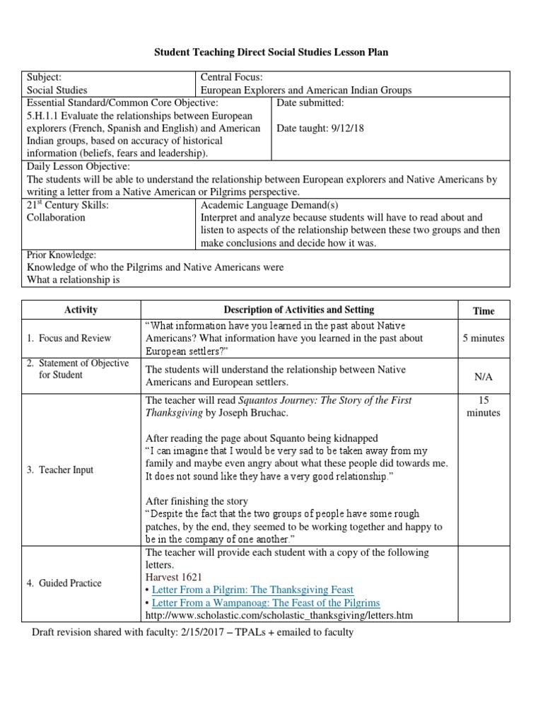 Student Teaching Direct Social Studies Lesson Plan: Prior Knowledge ...