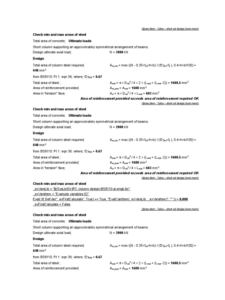 Check Min and Max Areas of Steel: Area of Reinforcement Provided ...