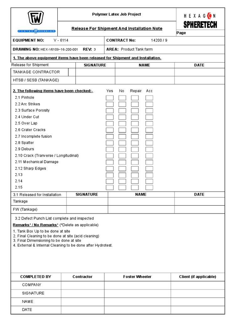 Release For Shipment and Installation Note: HEX-V6109 16-200-001 3 ...