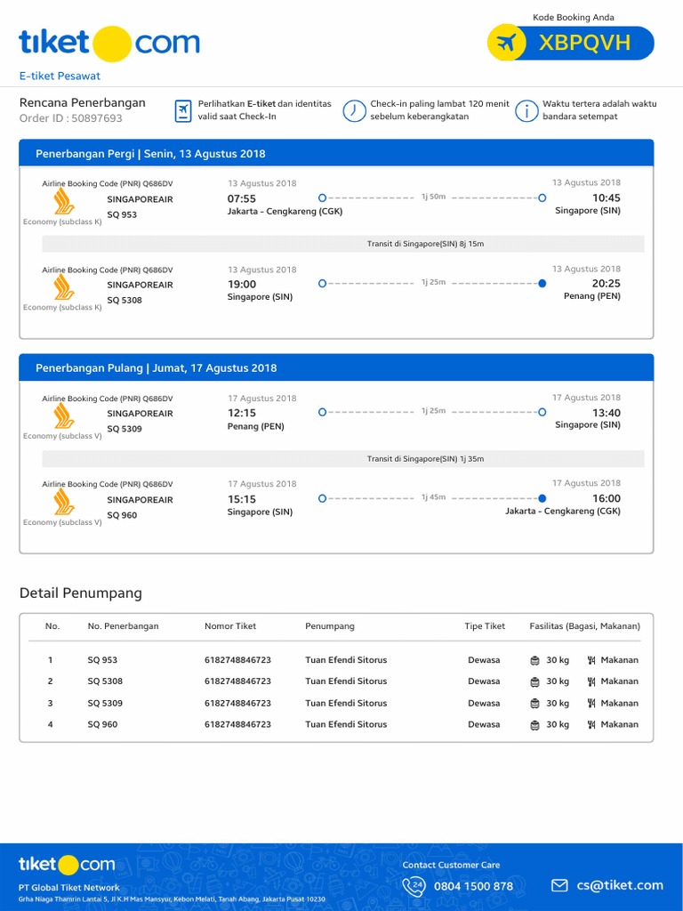 E-Tiket dan Informasi Penerbangan SQ | PDF