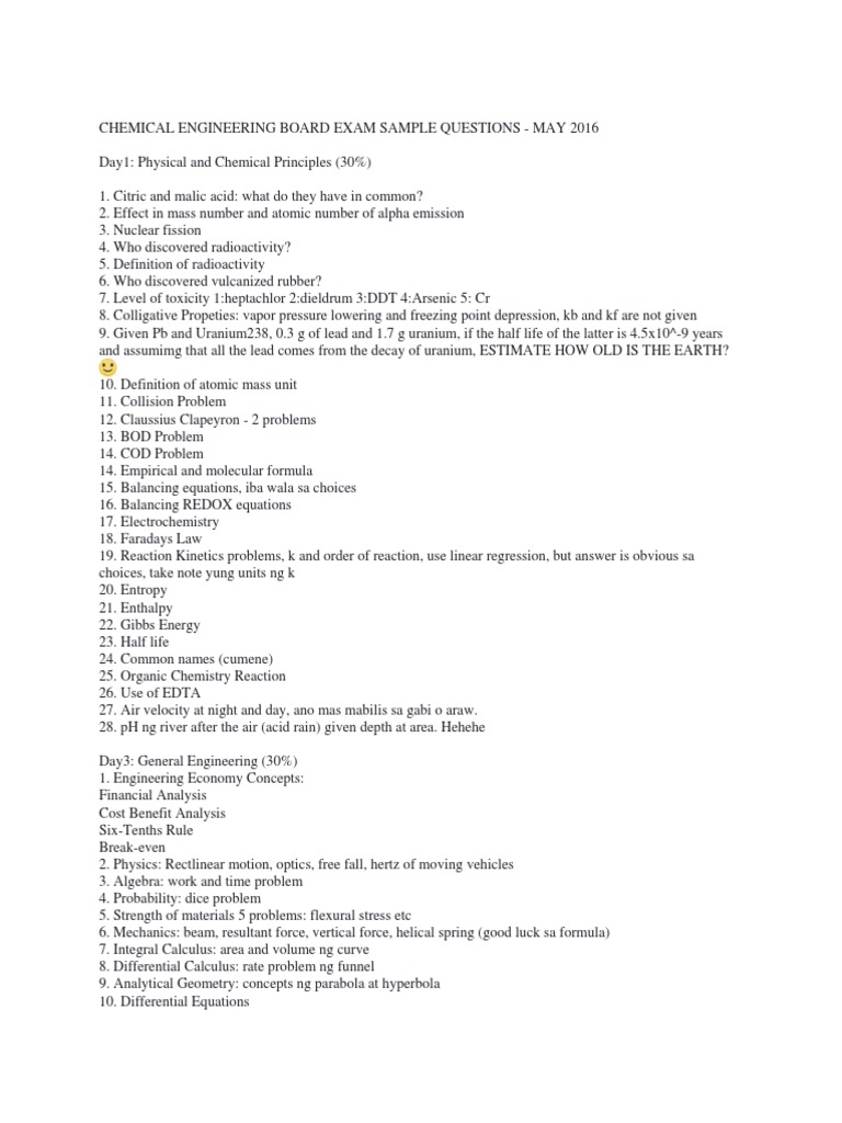 Chemical Engineering Board Exam Sample Questions | PDF | Heat Transfer ...