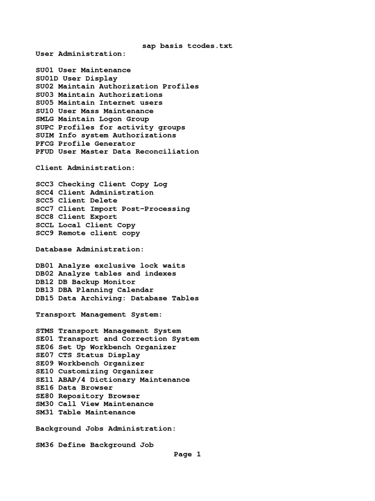 Sap Basis Tcodes | PDF | Data | Digital Technology
