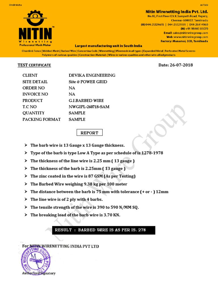 G.I. Barbed Wire Test Certificate | PDF