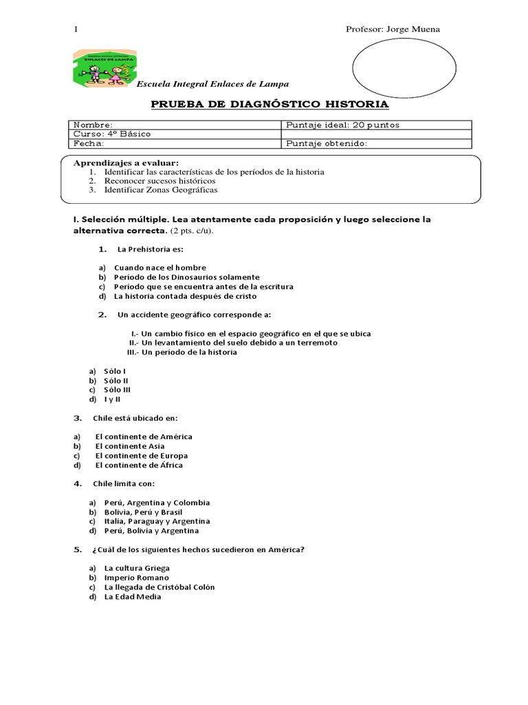 Prueba Diagnóstica de Historia 4º Básico | PDF | Américas | Chile