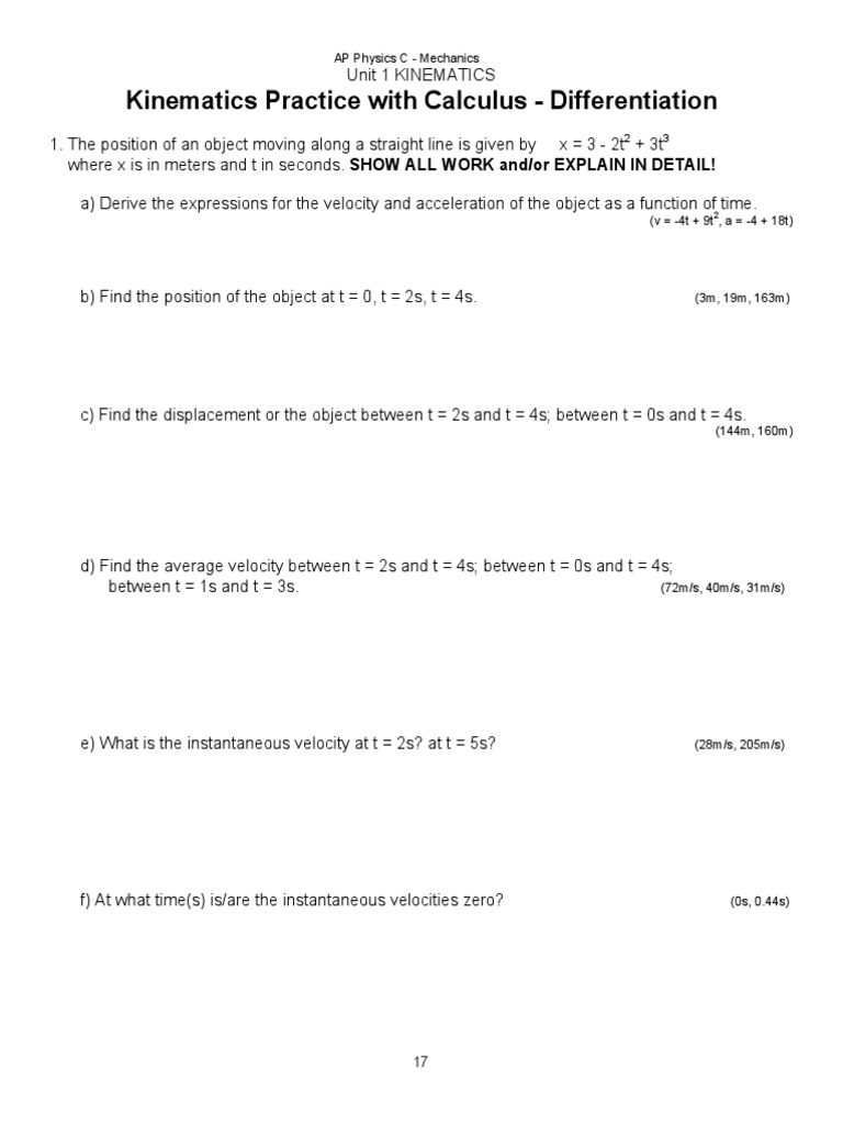 Kinematics Practice With Calculus Differentiation PDF | PDF ...