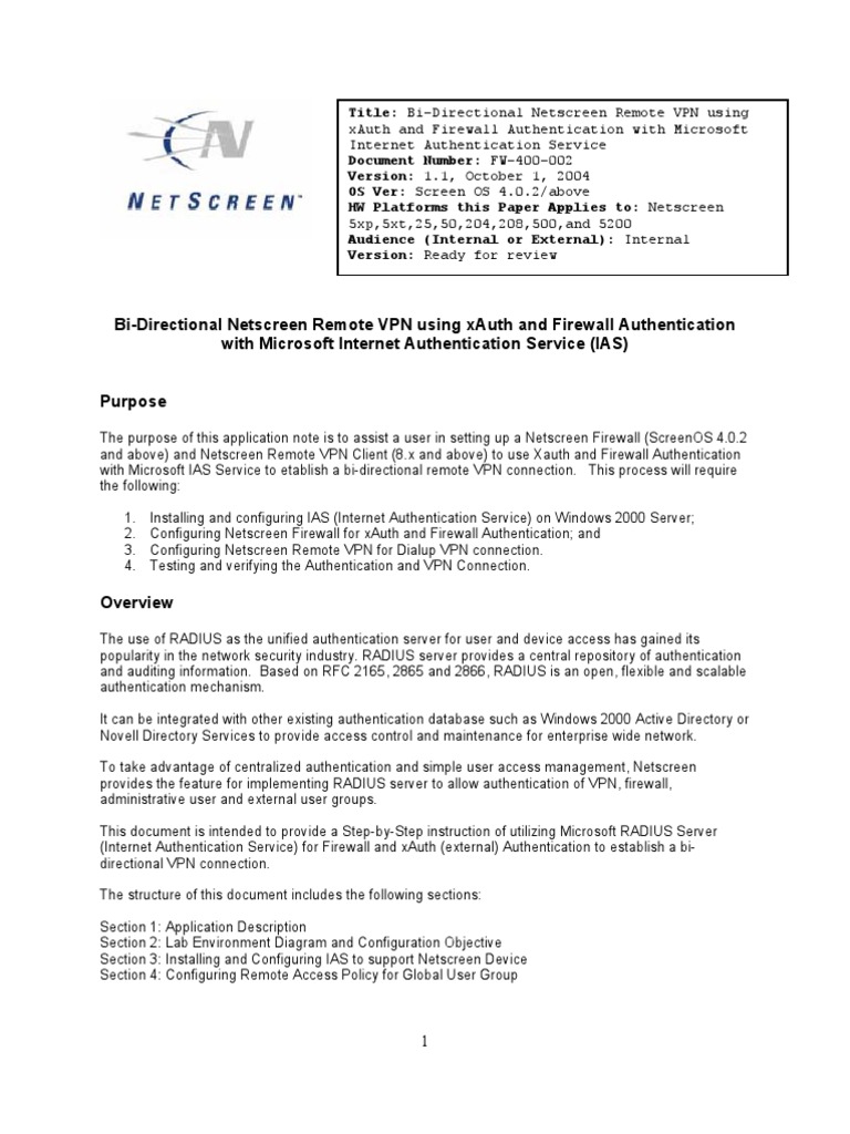 Bi-Directional Netscreen Remote VPN Using Xauth and Firewall Authentication With Microsoft ...