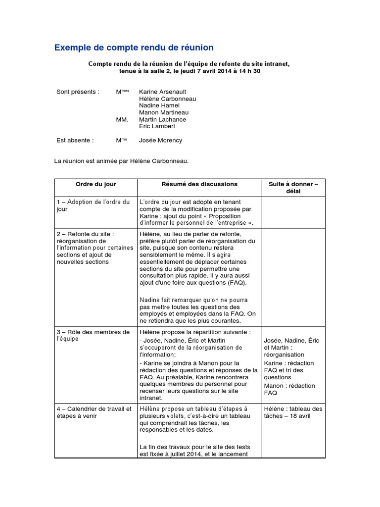 Exemple de compte rendu de réunion | PDF