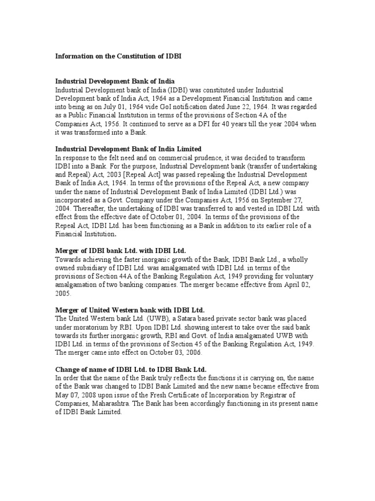 IDBI Bank: History and Evolution | PDF | Banks | Banking
