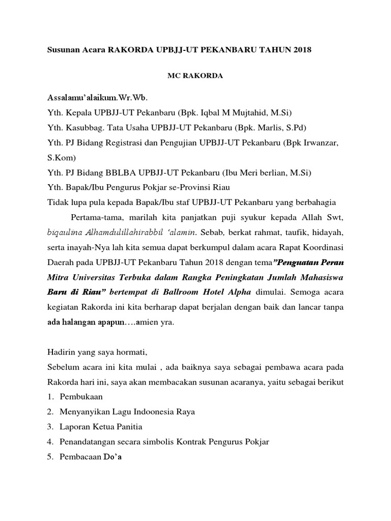 Susunan Acara MC Rakorda 2018 | PDF