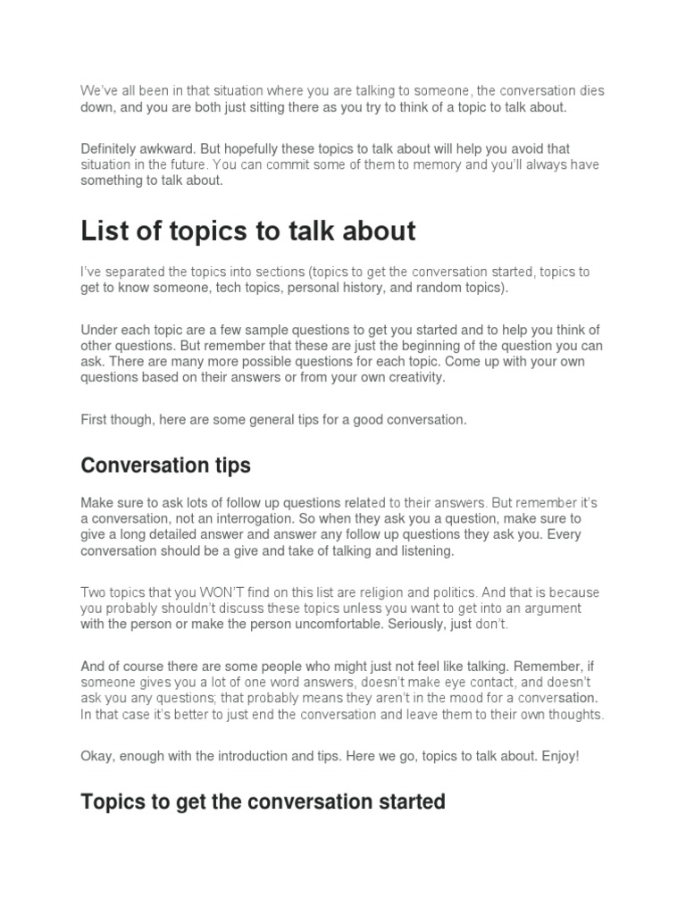 List of Topics To Talk About: Conversation Tips | PDF | Conversation | Luck