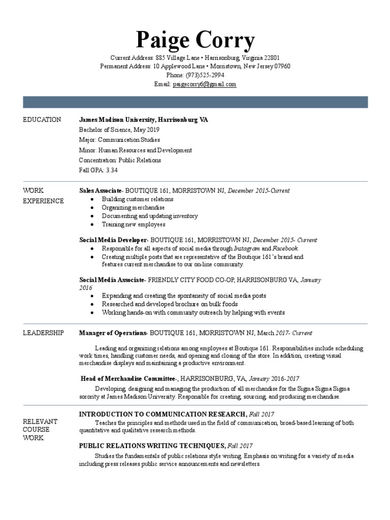 Paigecorryresume2017 2018 | PDF | Social Media | Popular Culture ...
