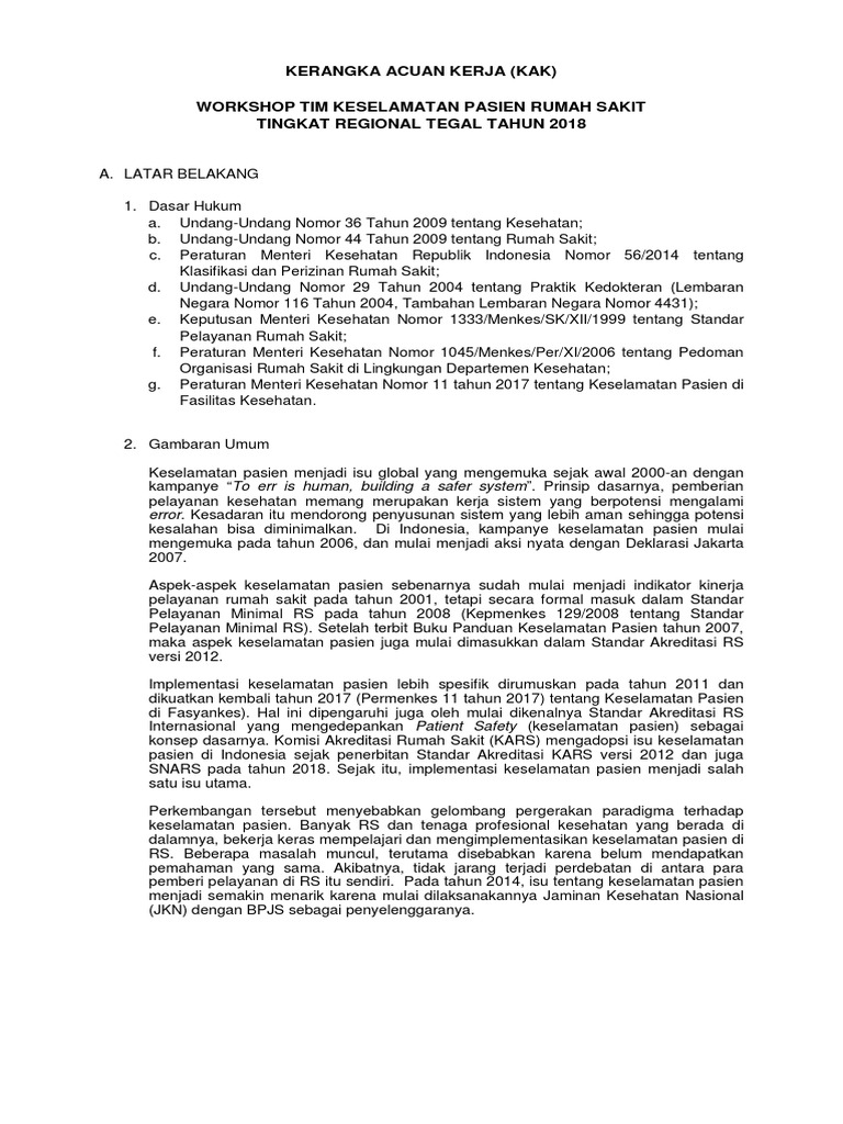 Kak Workshop Kegiatan Tim Keselamatan Pasien PDF | PDF