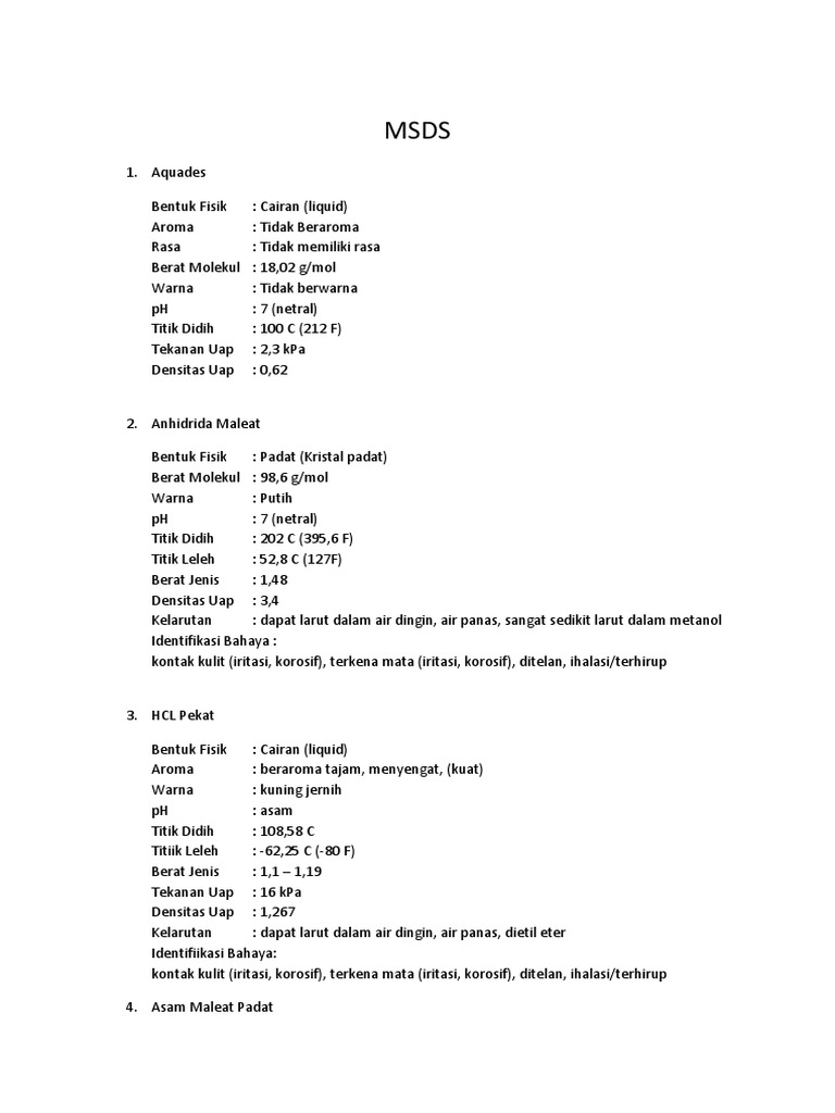 MSDS Bahan Kimia Berbahaya | PDF | Memasak, Makanan, & Anggur | Sains ...