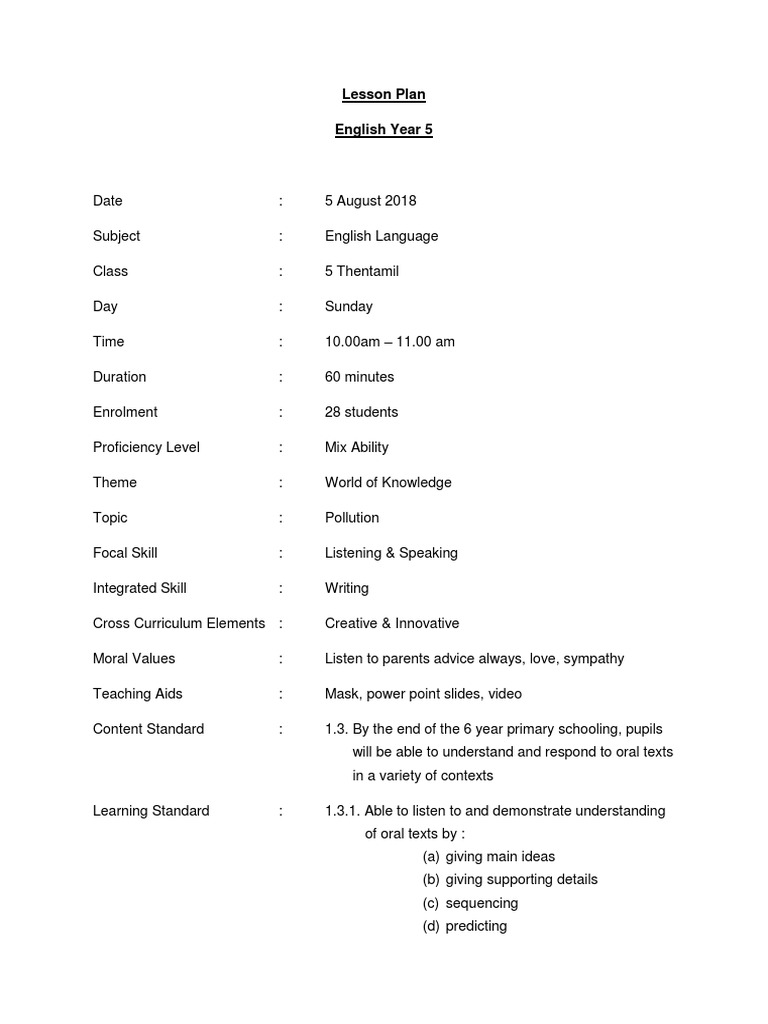 Lesson Plan English Year 5 | PDF | Understanding | Teachers