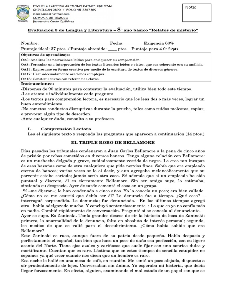 Evaluación Historias de Misterio - 8° Basico 2018 | PDF | Comprensión ...
