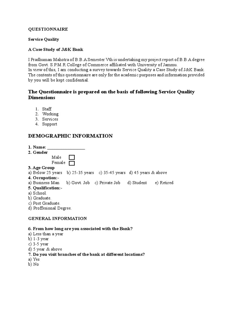 Questionnaire Service Quality | PDF | Banks | Business
