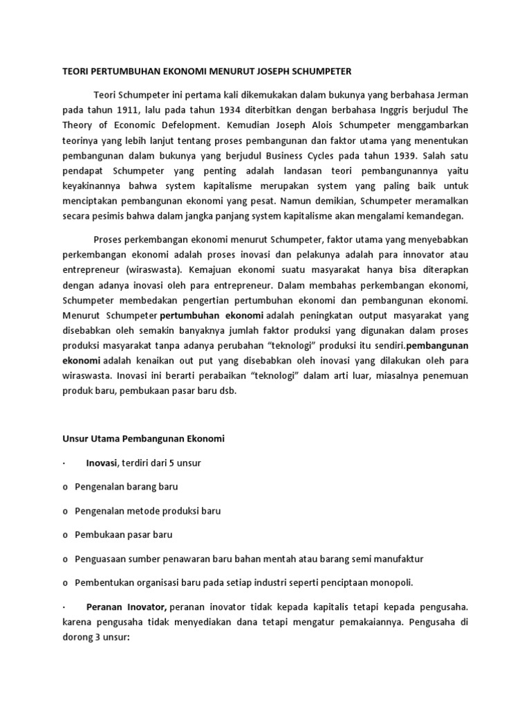 Teori Pertumbuhan Ekonomi Schumpeter | PDF