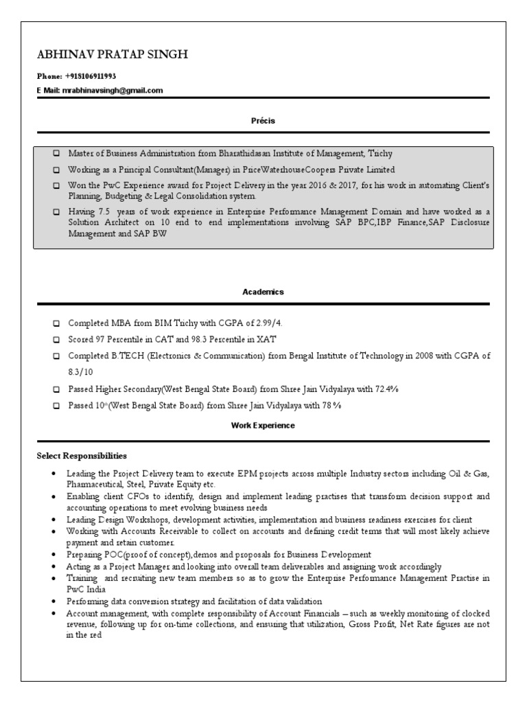 Abhinav Pratap Singh - Resume PDF | PDF | Sap Se | Pricewaterhouse Coopers